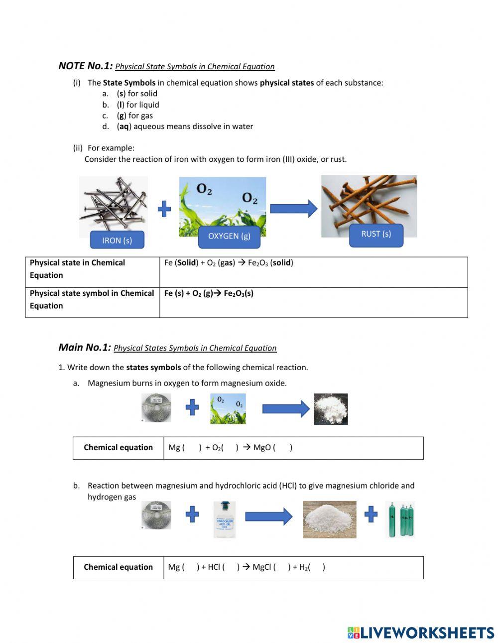 Main and Plenary State Symbols in Chemical Equation online exercise for ...