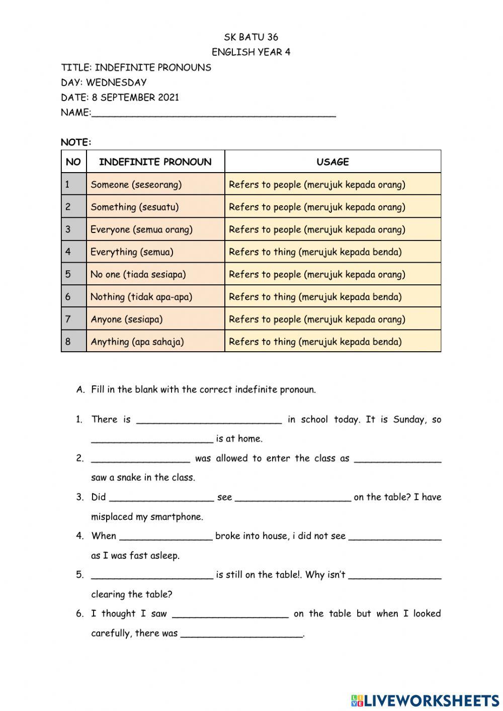 Module 7 indefinite pronouns worksheet | Live Worksheets