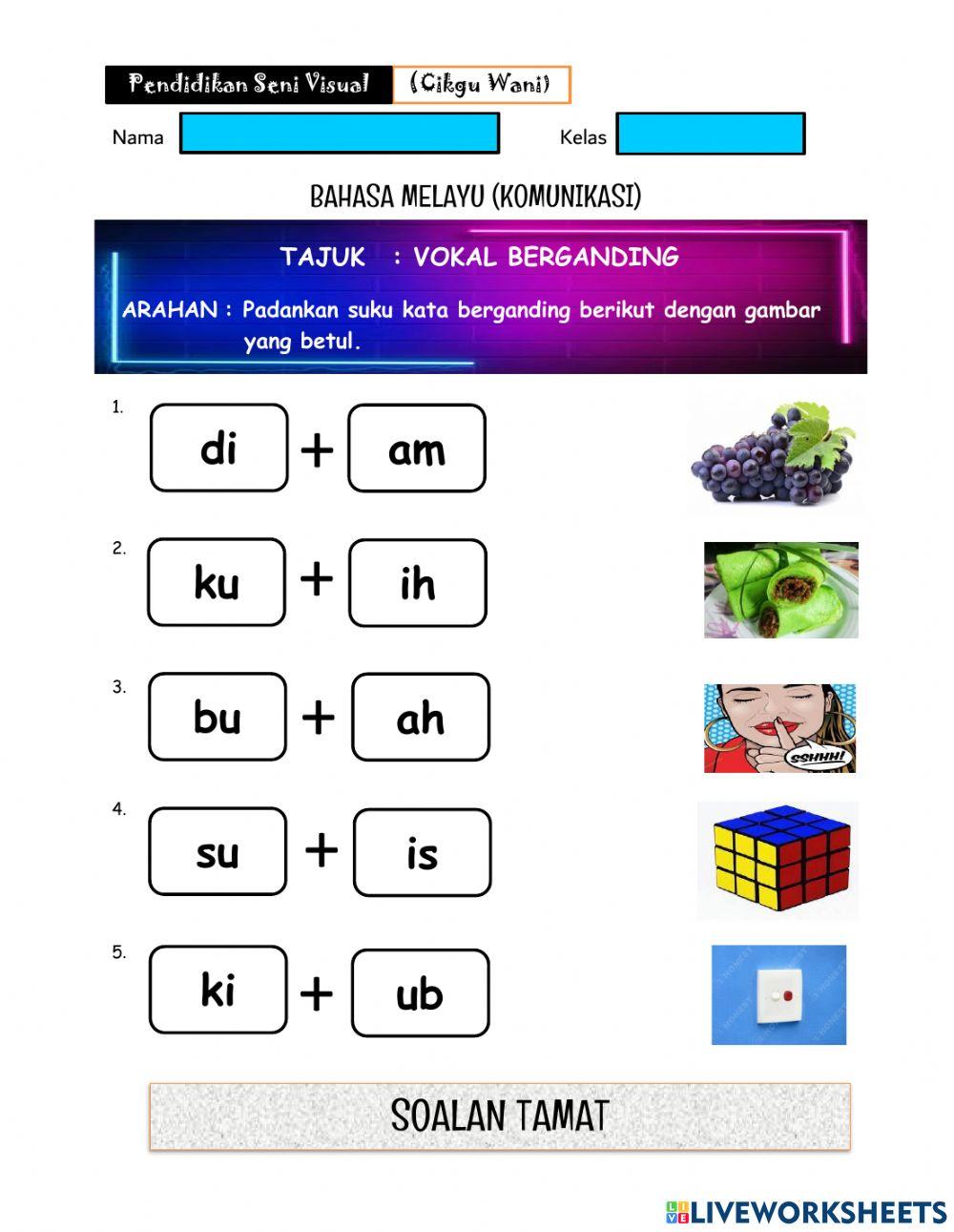 Vokal berganding Bahasa Melayu (BM) worksheet | Live Worksheets