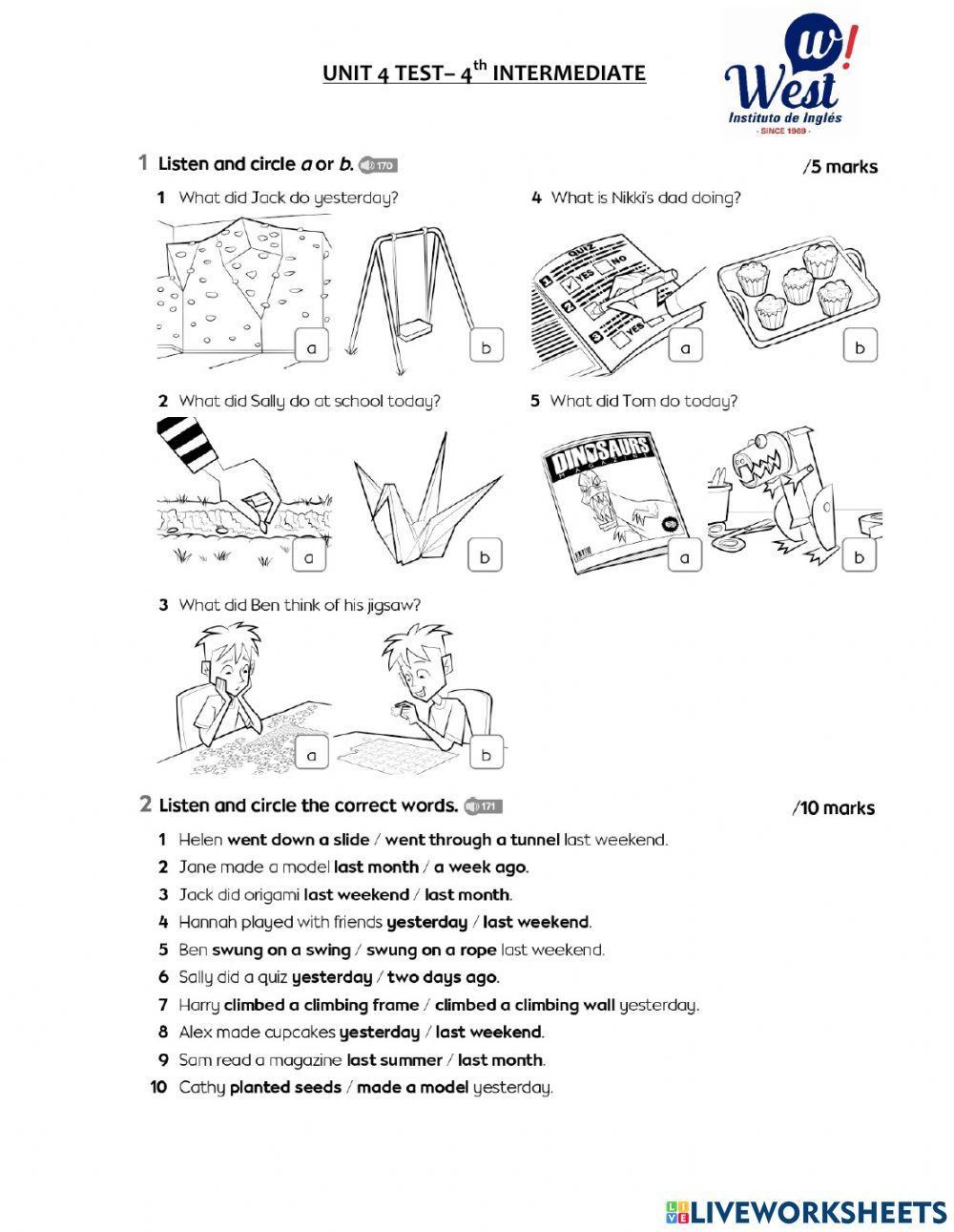 Unit 4 test 1365562 | MScoltrinari | LiveWorksheets