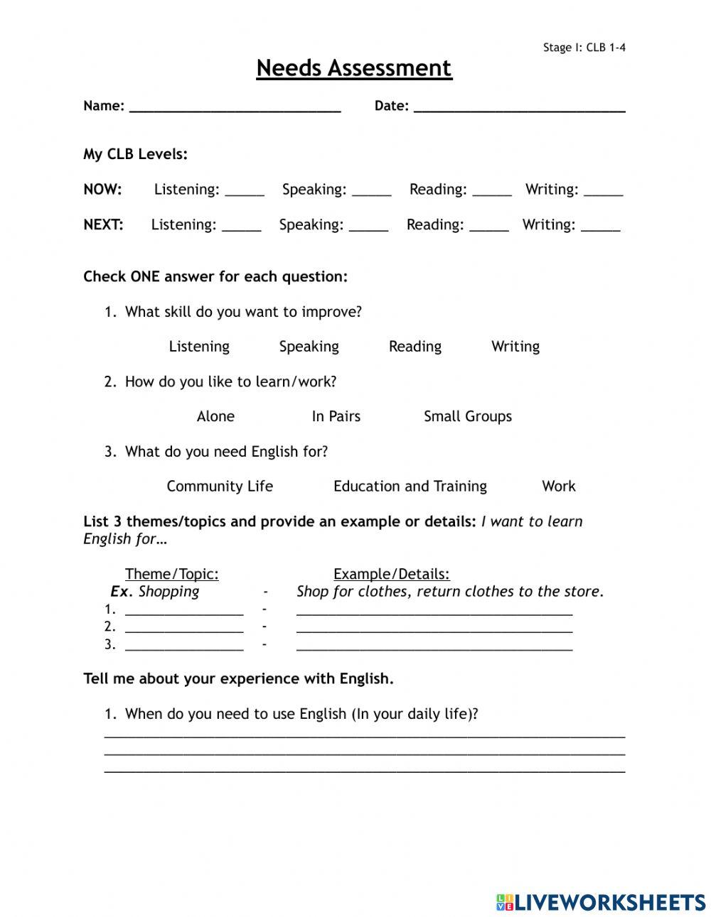 Needs Assessment worksheet | Live Worksheets