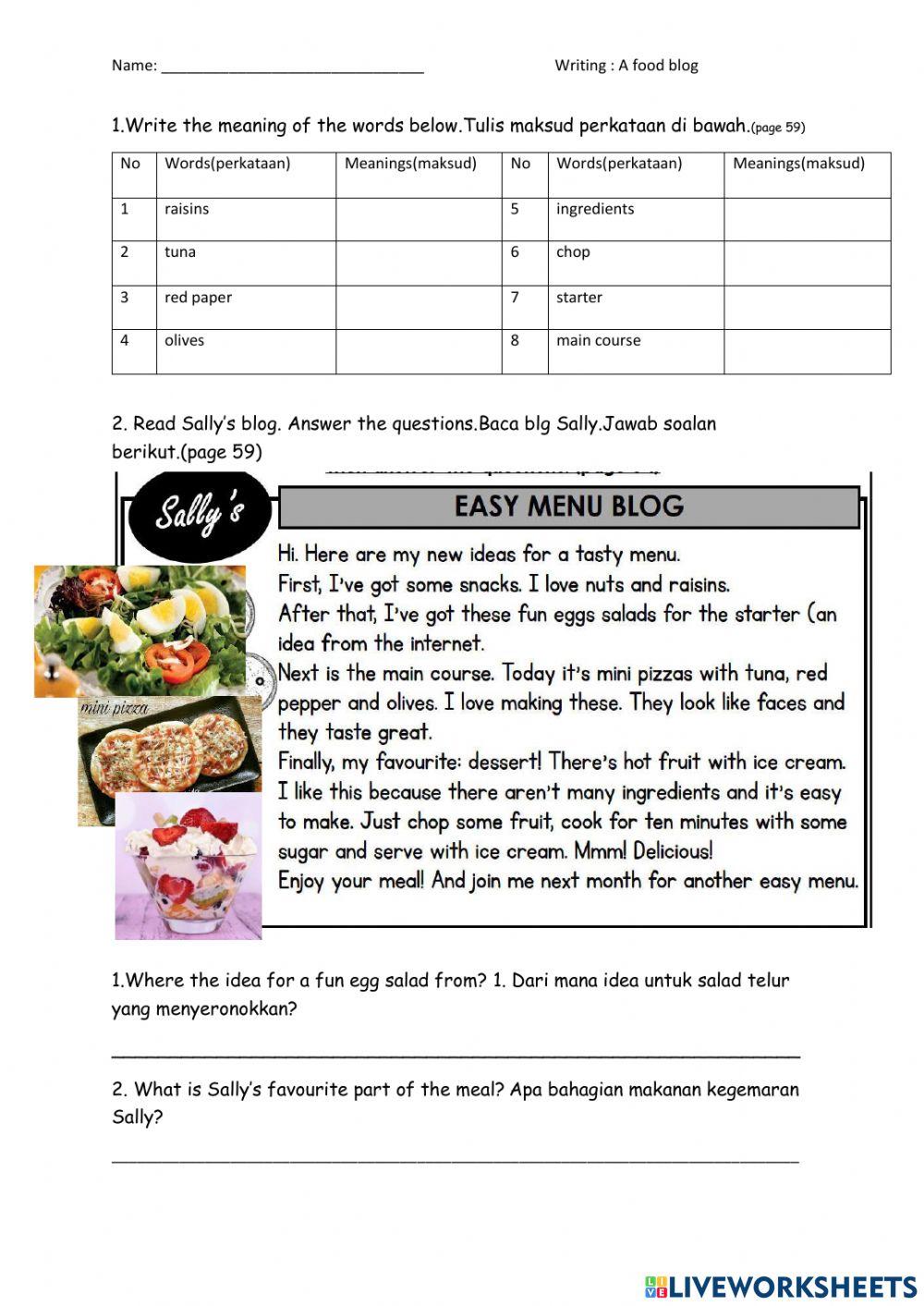 English y5 fod&health page59 worksheet | Live Worksheets