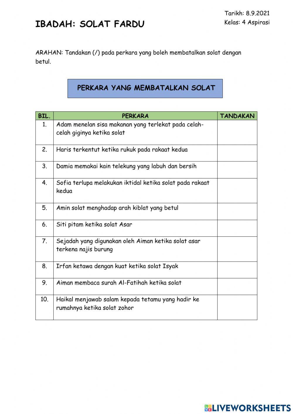 Ibadah: solat f… | Free Interactive Worksheets | 1365692