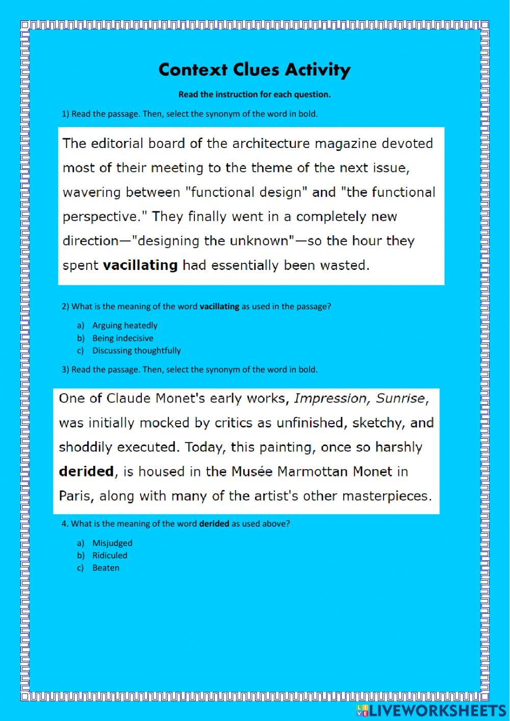 Context Clues - Synonyms worksheet | Live Worksheets