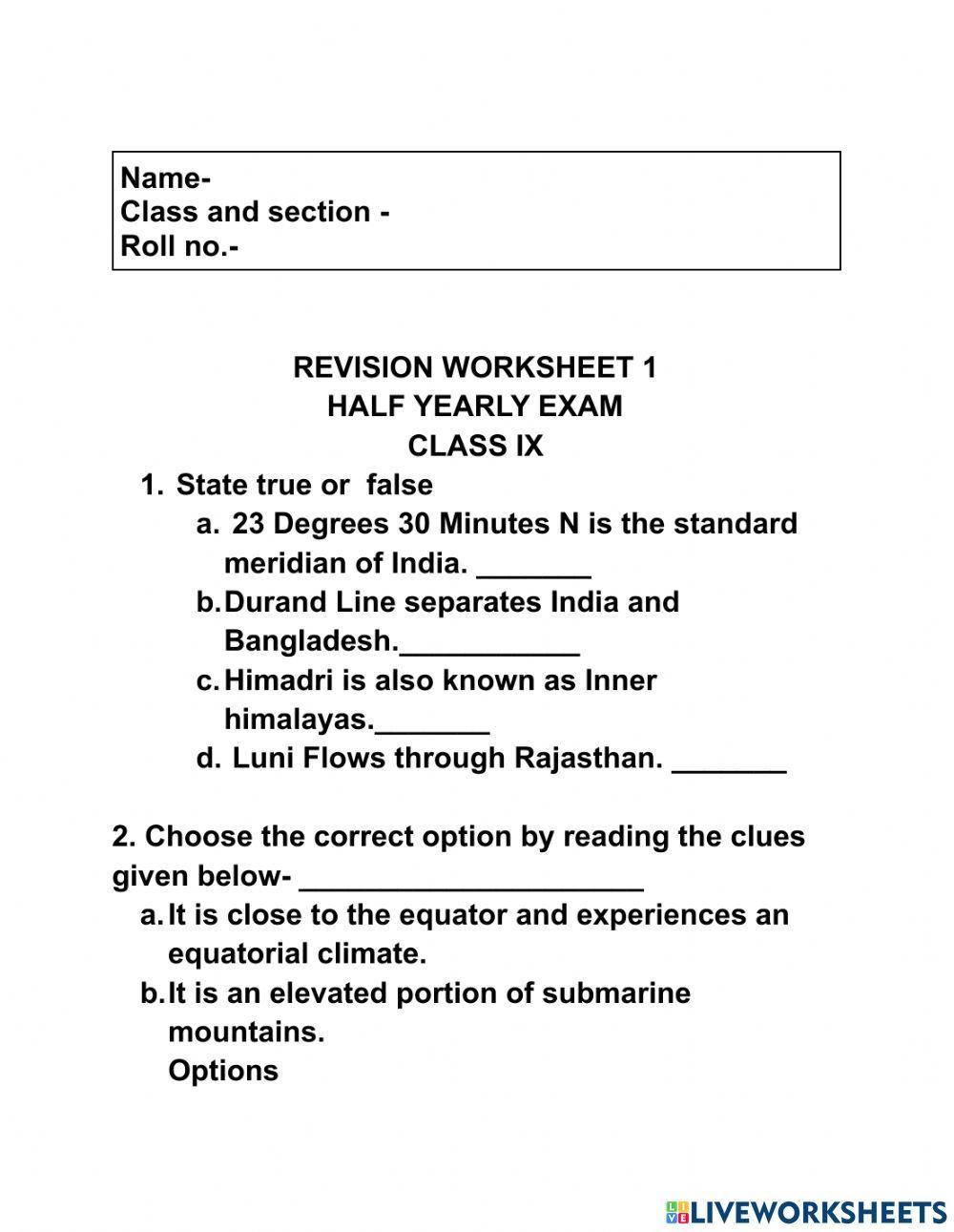 Revision worksheet- half yearly worksheet | Live Worksheets