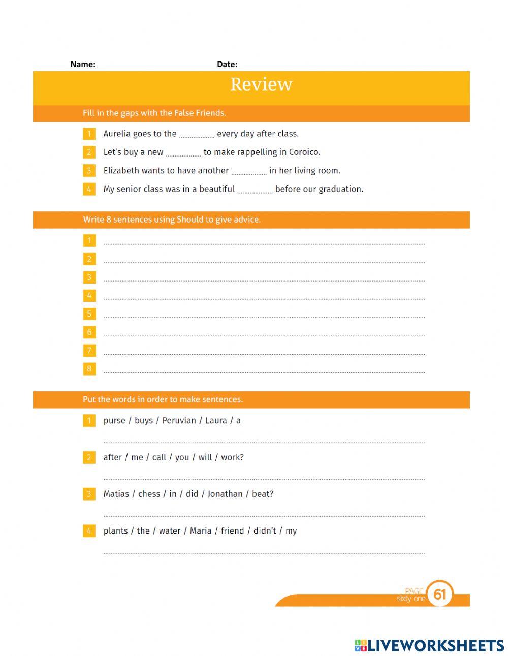 Review unit V book2 worksheet | Live Worksheets