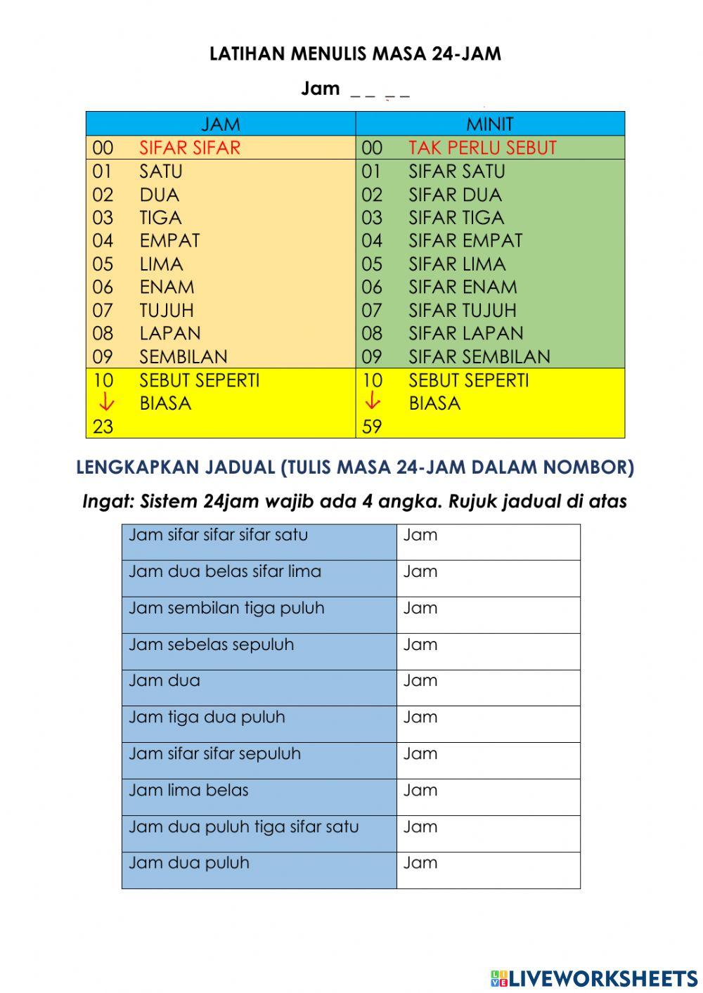 Sistem 24jam worksheet | Live Worksheets