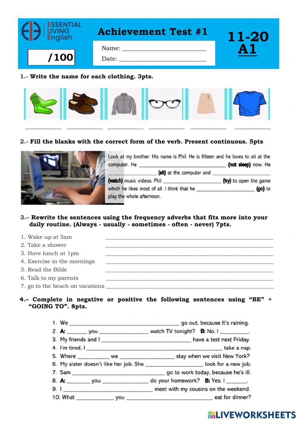 Achievement Test ELE A1 LESSON 11-20 1376606 | ARGELYS