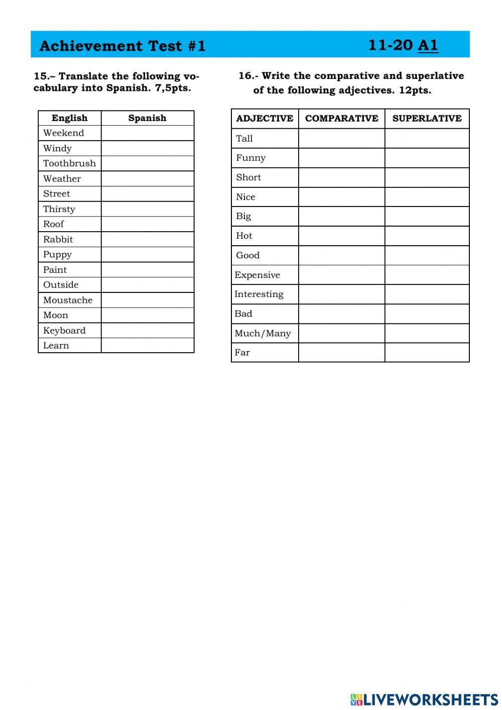 Achievement Test ELE A1 LESSON 11-20 1376606 | ARGELYS