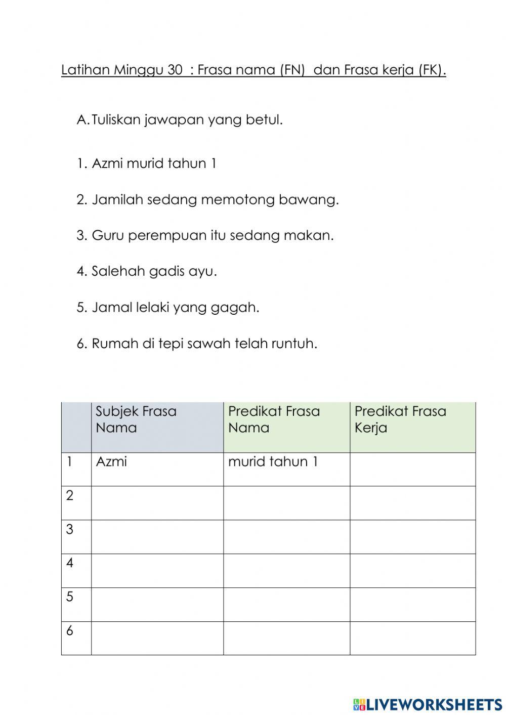 Bahasa melayu - frasa nama dan frasa kerja worksheet | Live Worksheets