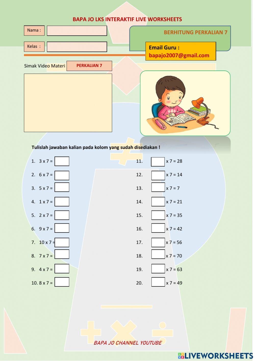 Berhitung perkalian 7 worksheet | Live Worksheets