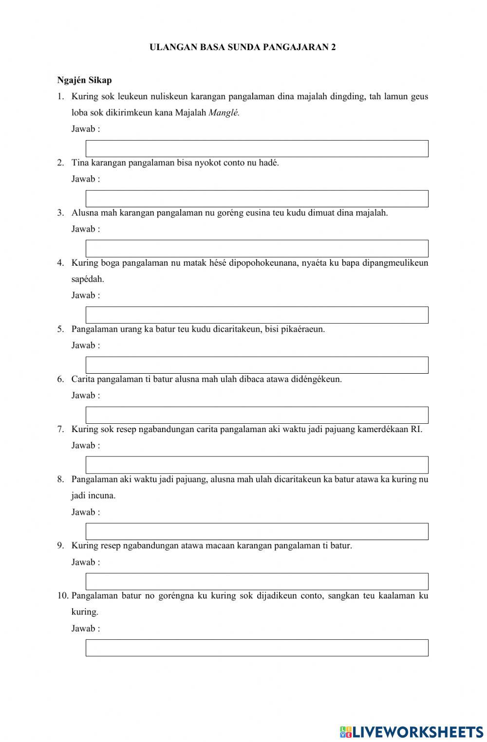 Ulangan basa sunda pangajaran 2 worksheet | Live Worksheets
