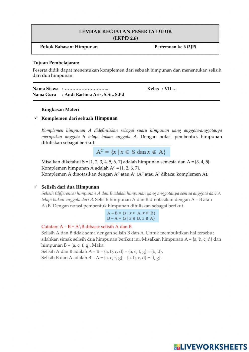Komplemen Suatu Himpunan dan Selisih Dua Himpunan worksheet | Live ...
