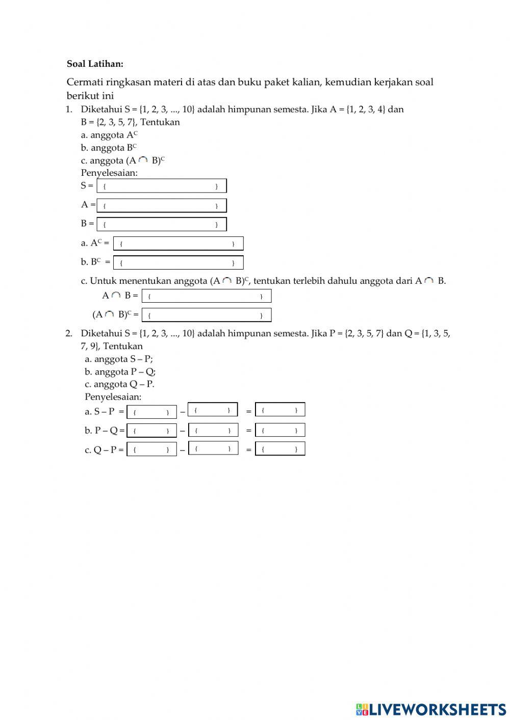 Komplemen Suatu Himpunan dan Selisih Dua Himpunan worksheet | Live ...