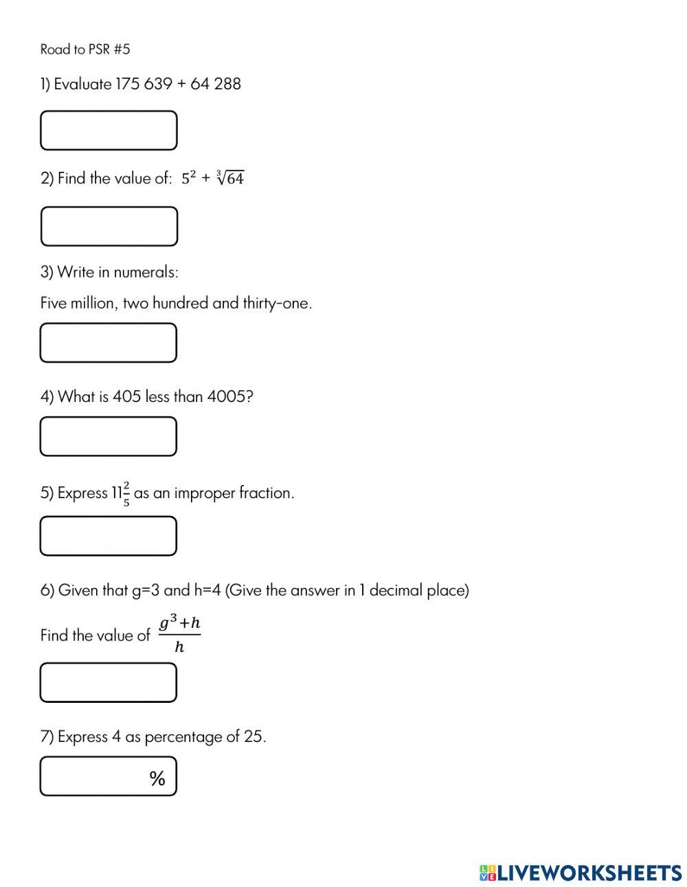 Road To PSR -5 | Free Interactive Worksheets | 1369411