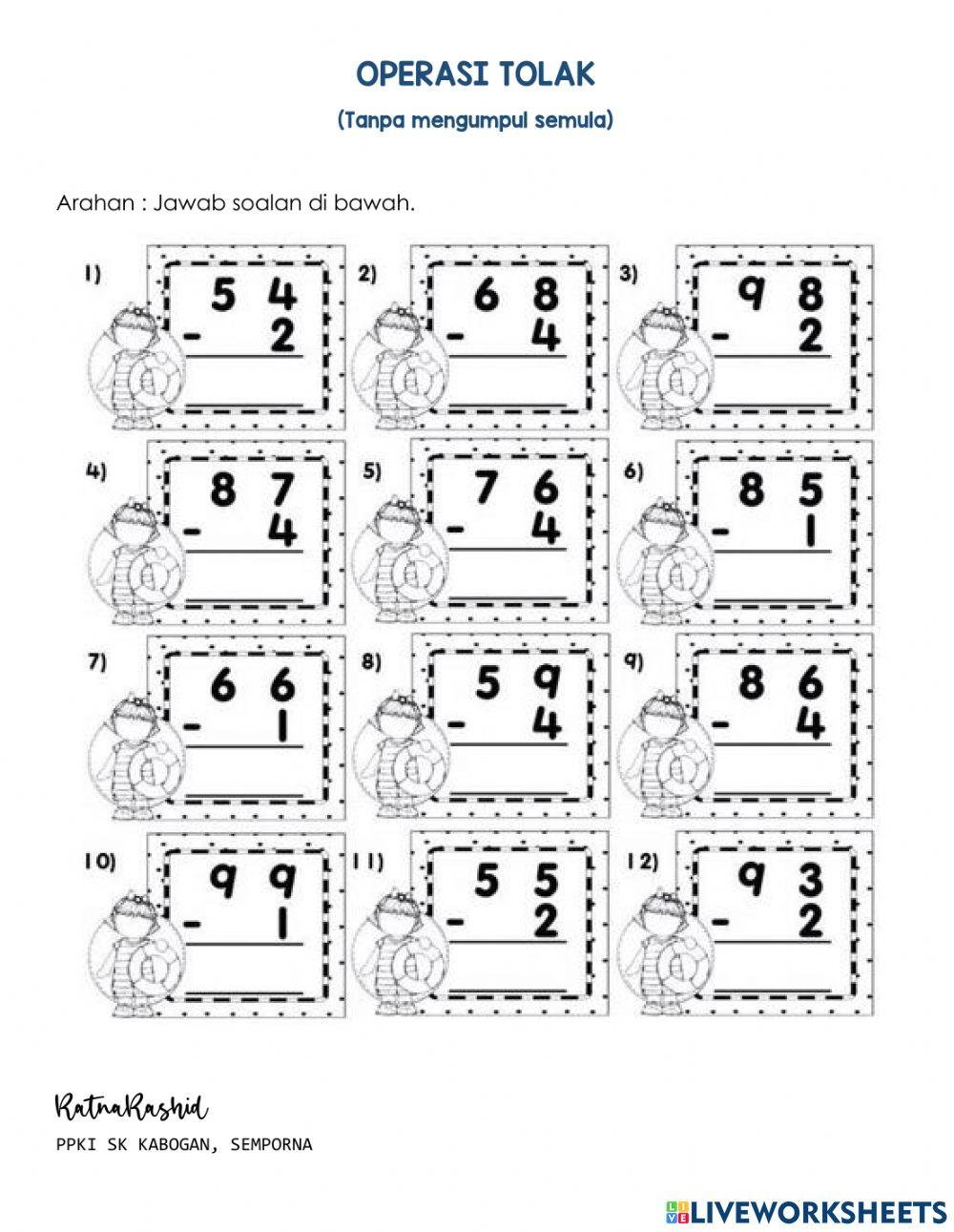 Operasi tolak | Ratna Rashid | Live Worksheets