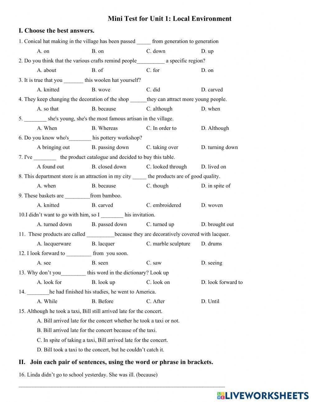 Mini- Test for Unit 1 worksheet | Live Worksheets