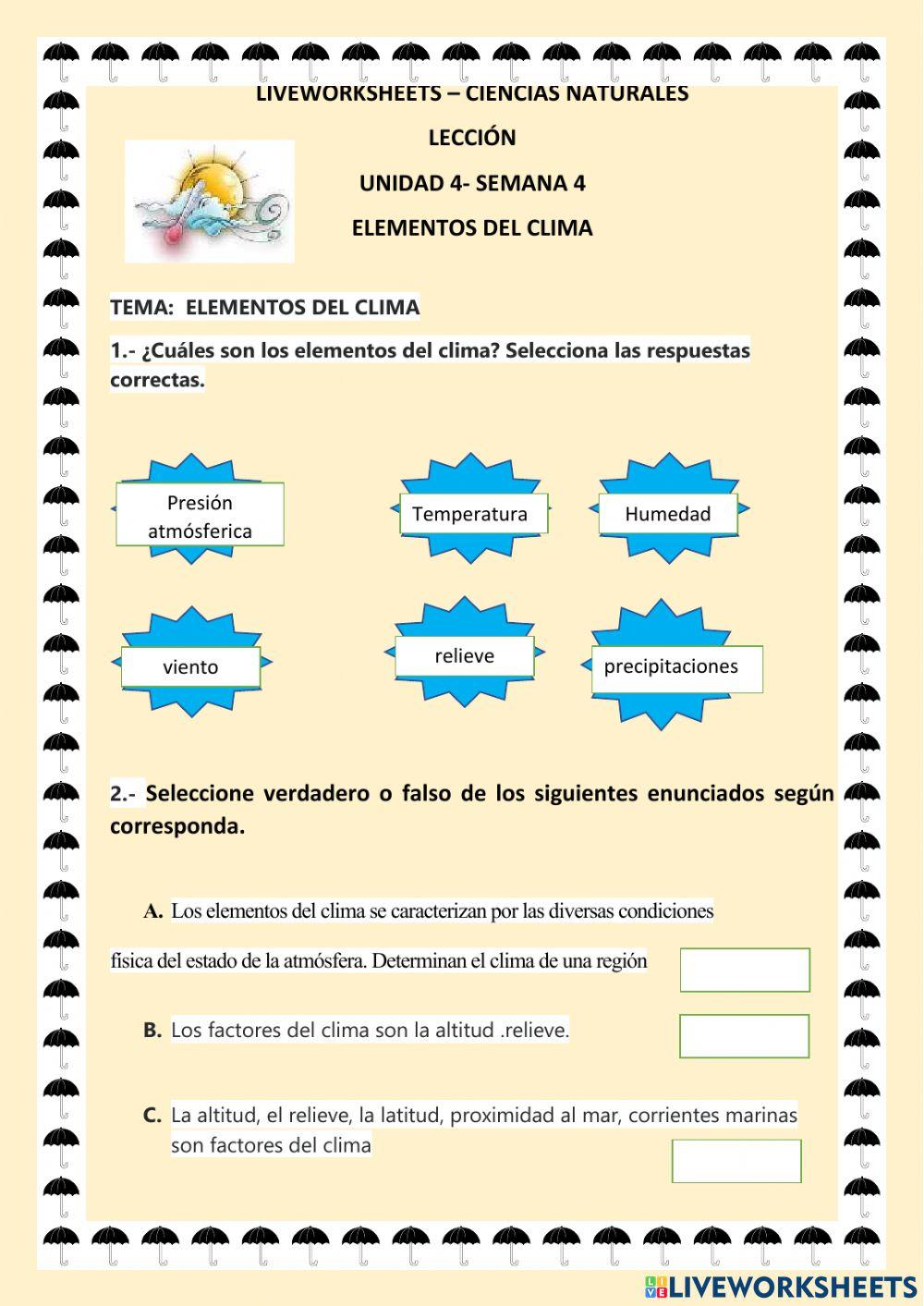 FACTORES DEL CLIMA - ELEMENTOS DEL CLIMA online exercise for | Live Worksheets