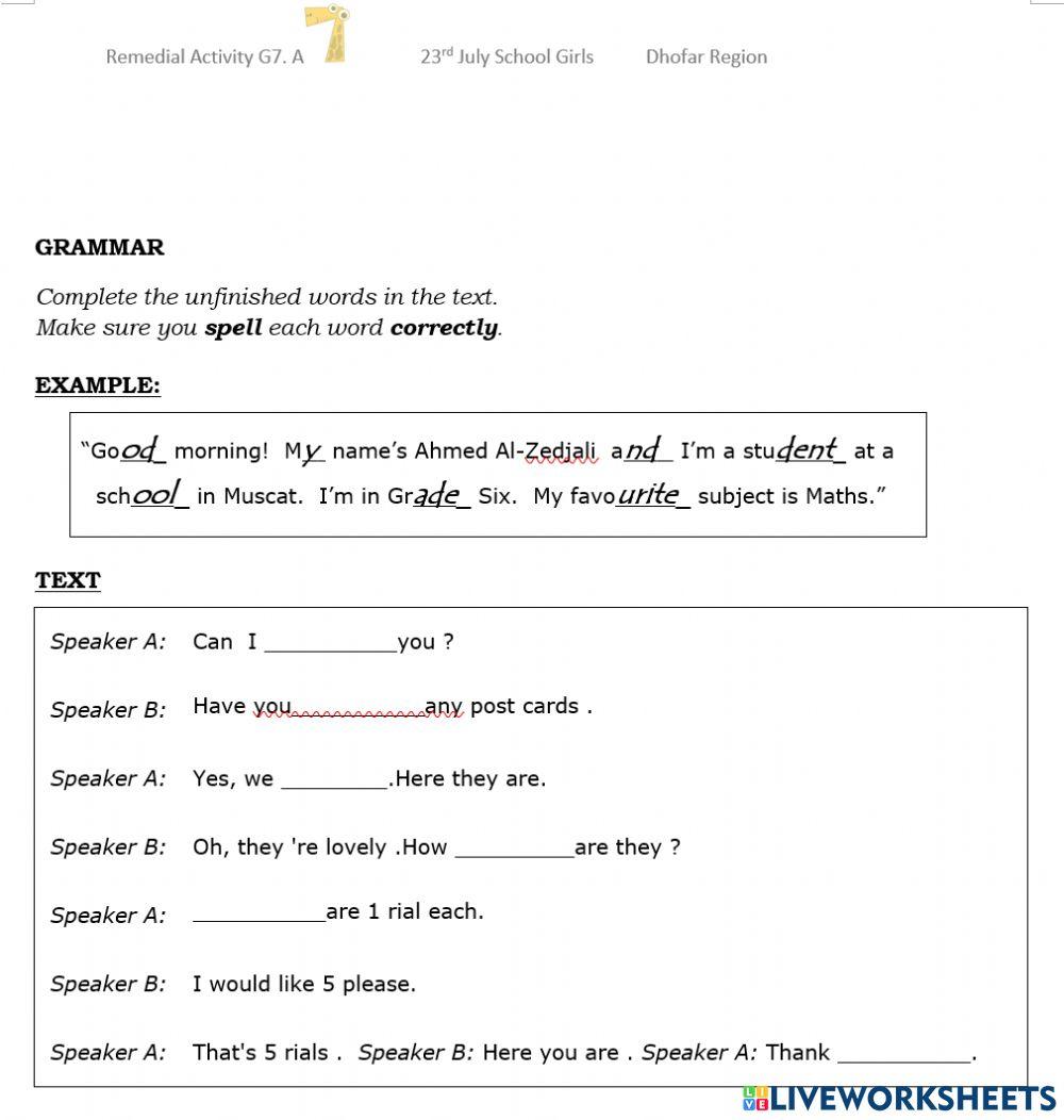 Read and complete activity for G 7A | Live Worksheets