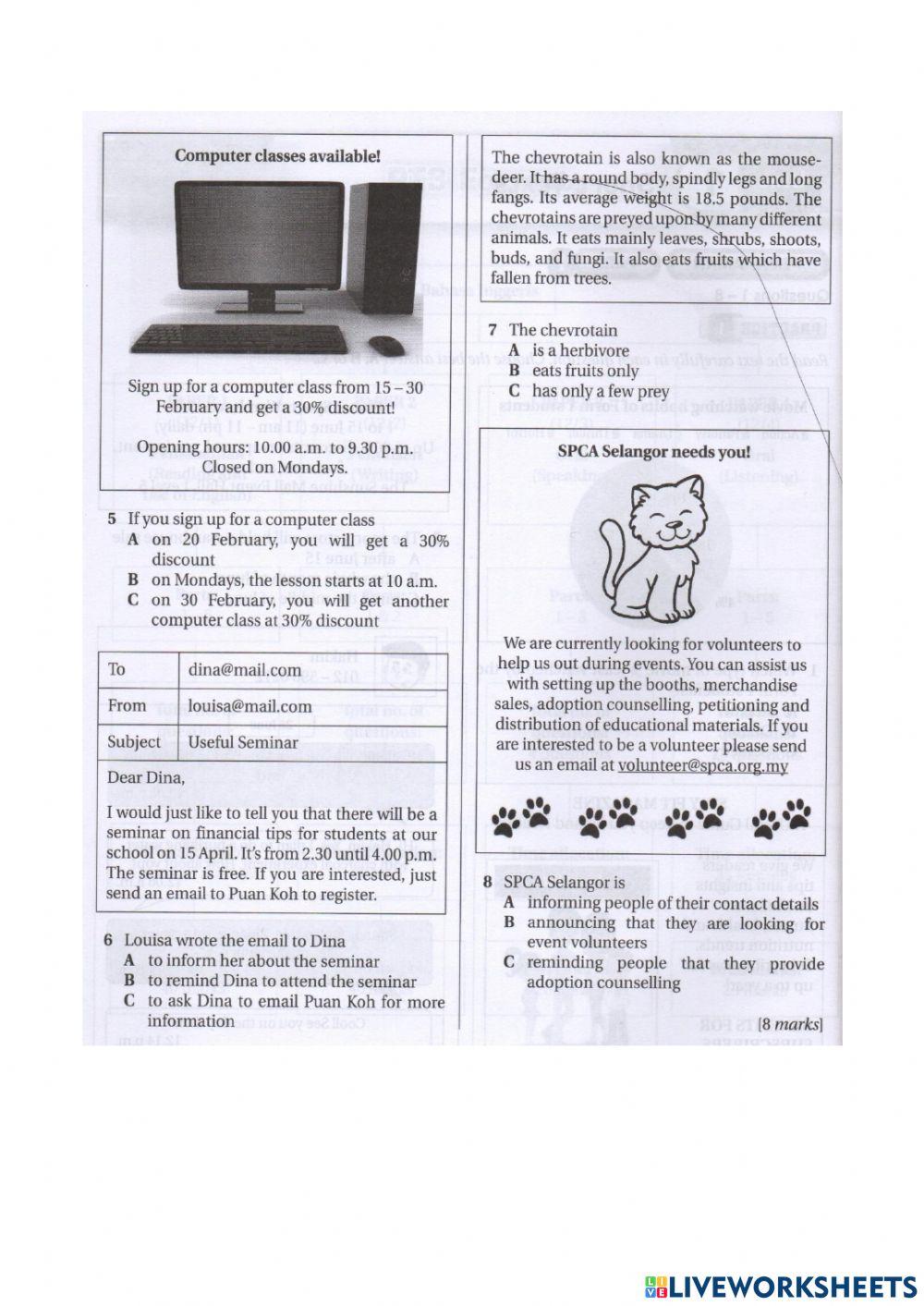 FORM 1 - READING | Free Interactive Worksheets | 5158233