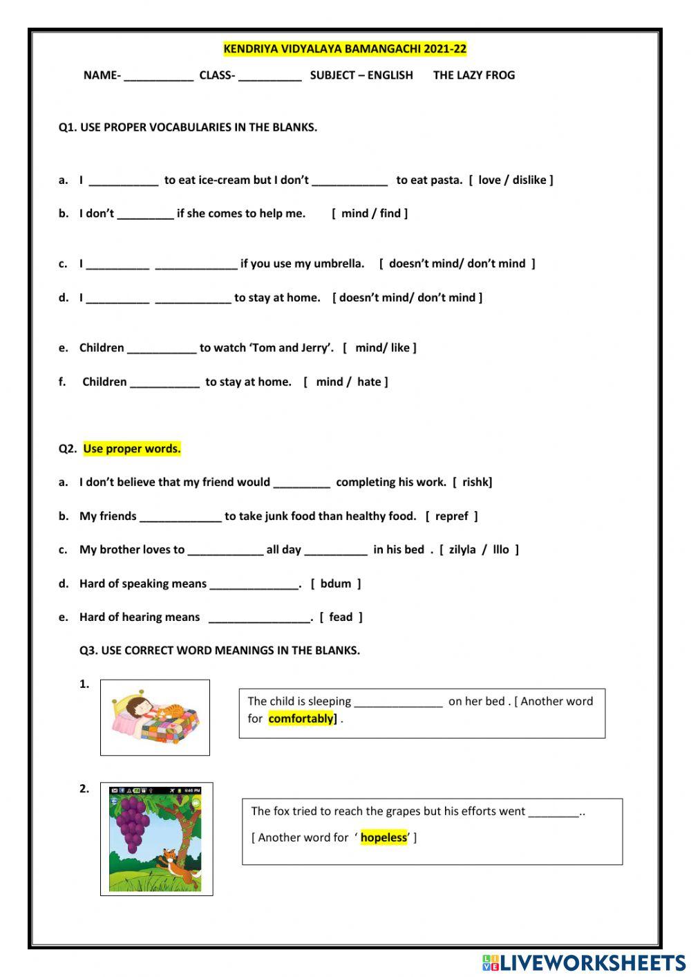 The lazy frog- worksheet worksheet | Live Worksheets