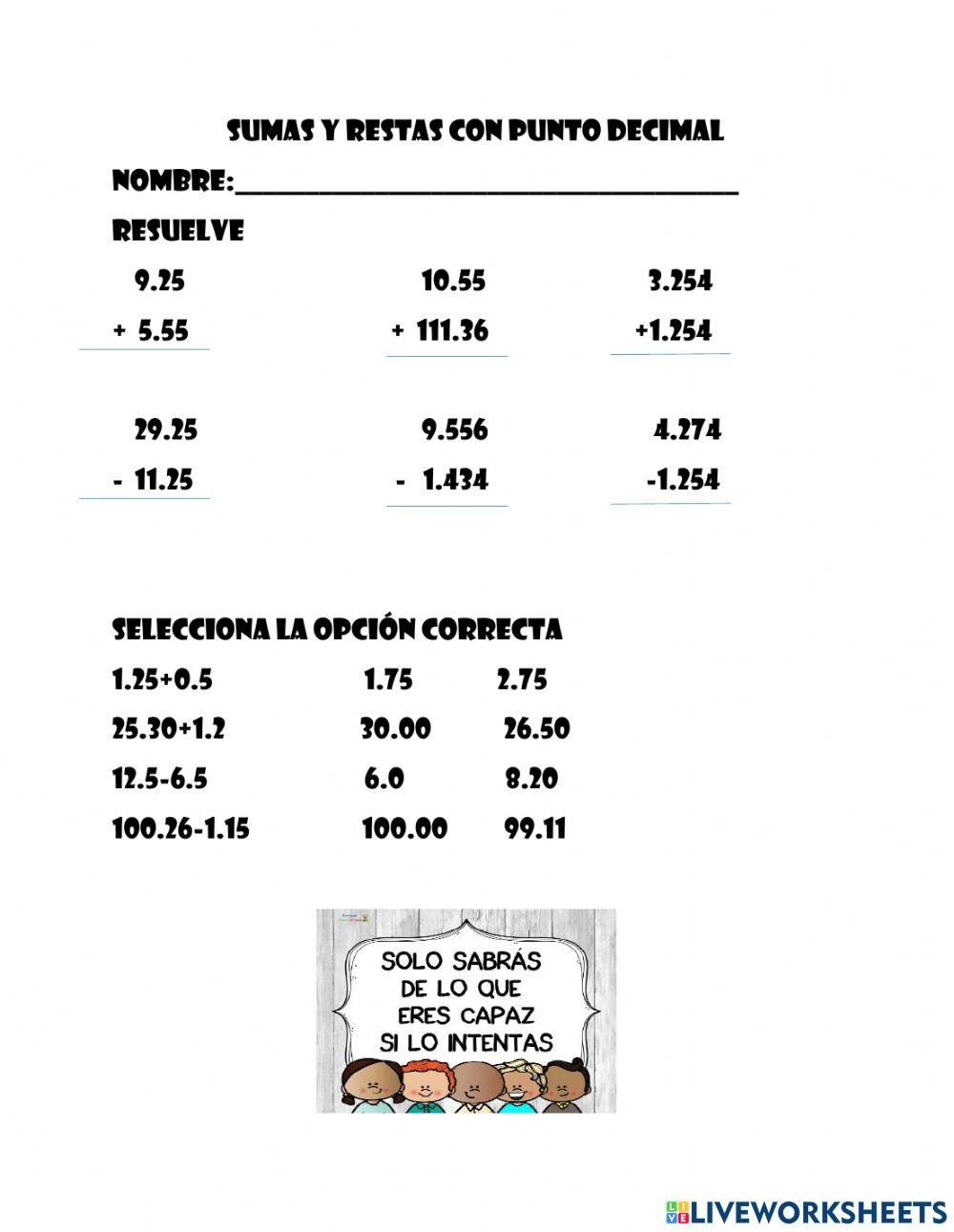 Sumas y restas con punto decimal interactive worksheet | Live Worksheets