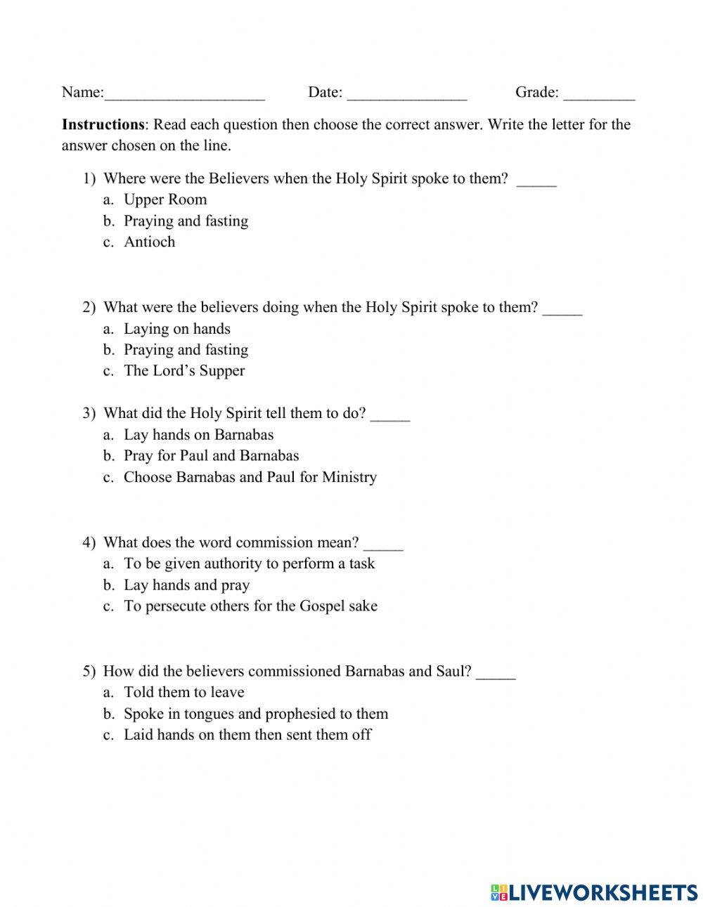 Barnabas and Paul Commissioned worksheet | Live Worksheets
