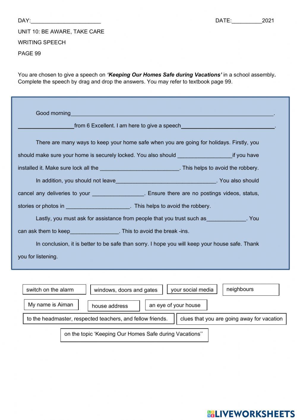 Speech Writing Page 99 worksheet | Live Worksheets