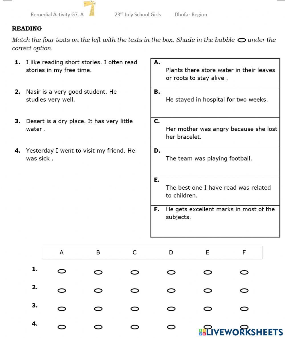 Read and match online exercise for G 7A | Live Worksheets