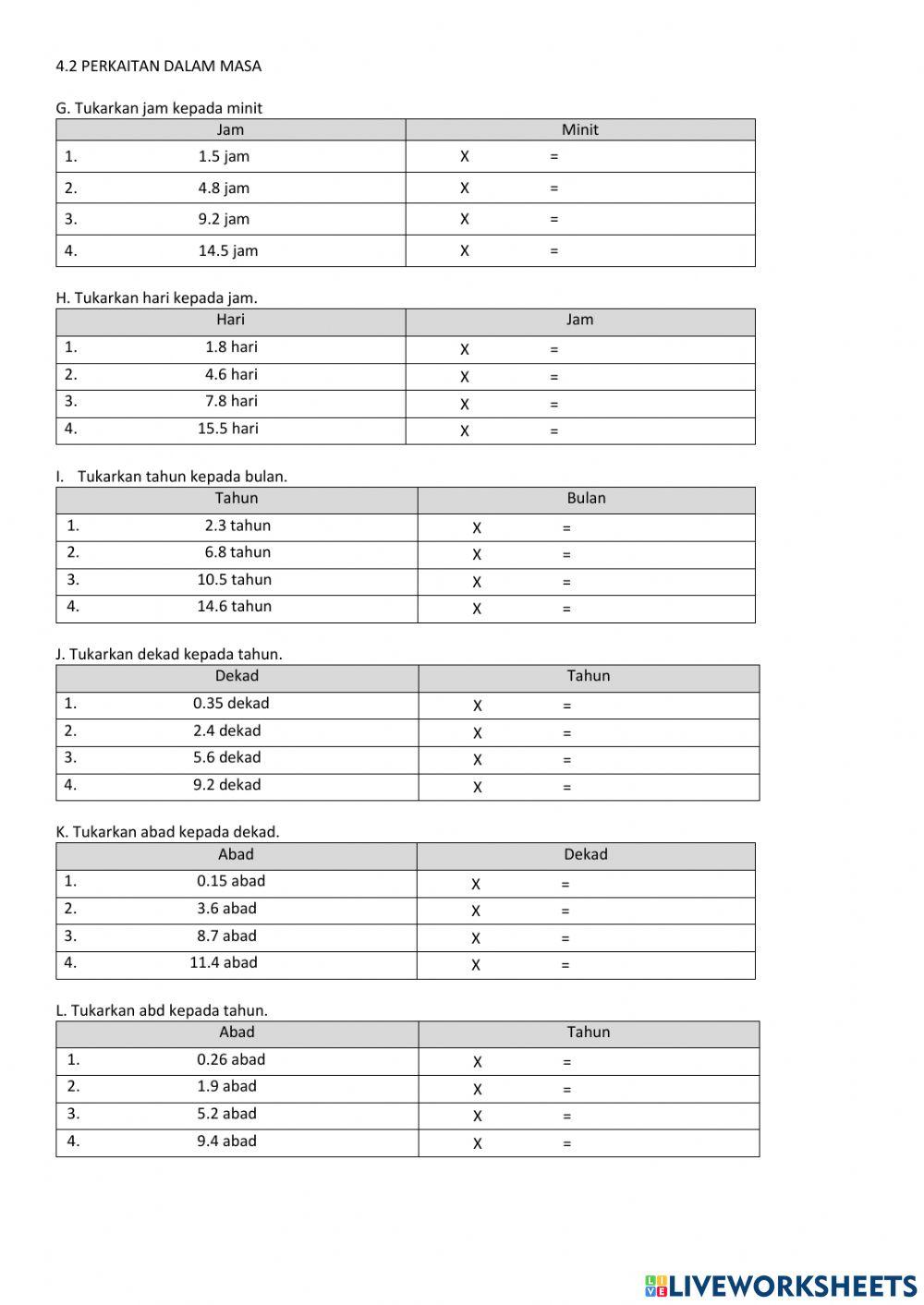 PERKAITAN MASA (Tukar Masa Perpuluhan) worksheet | Live Worksheets