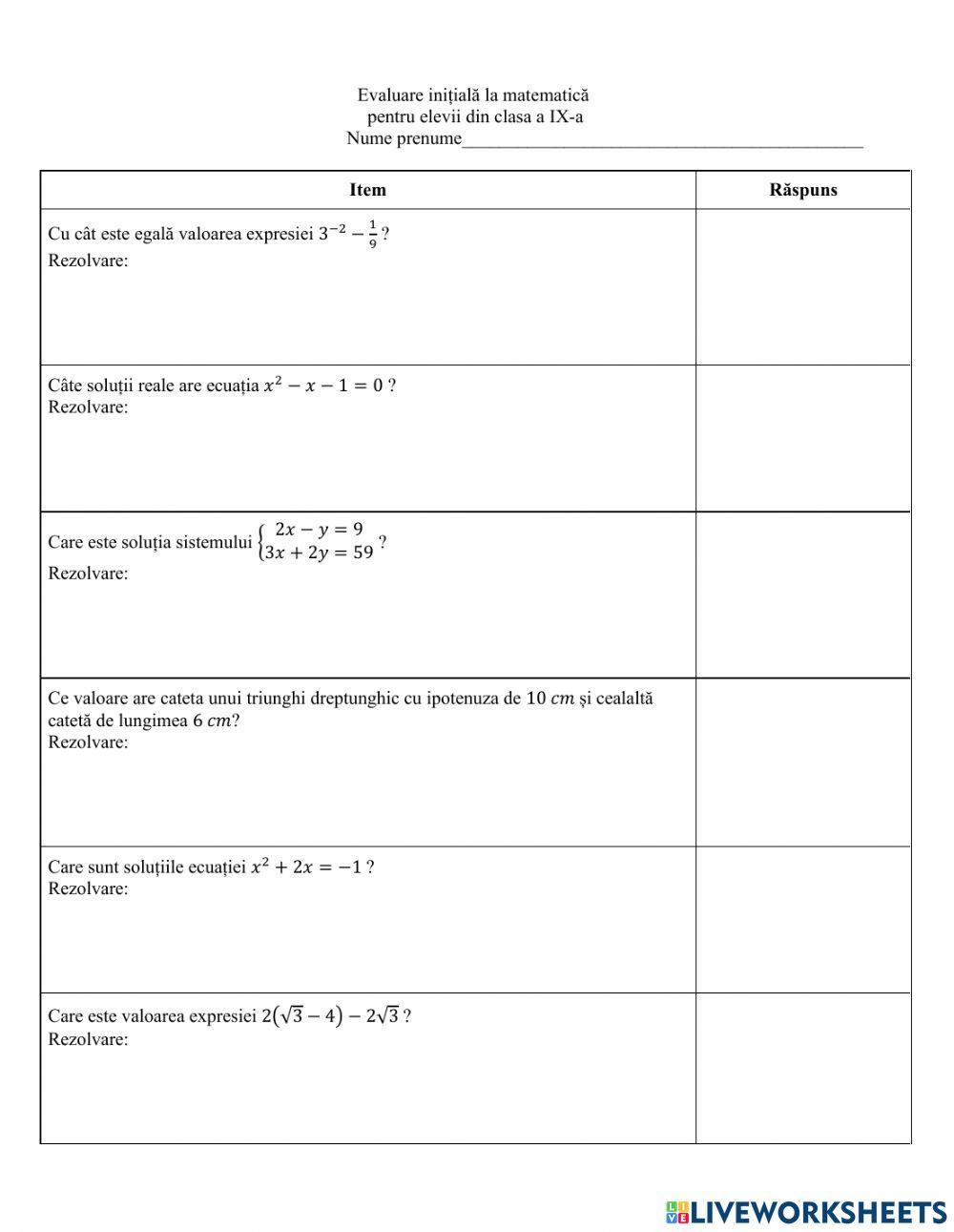 Evaluare initiala clasa a 9 matematica worksheet | Live Worksheets
