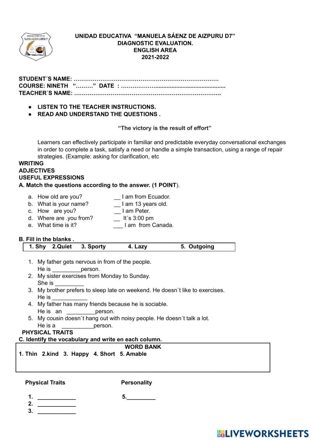 English Diagnostic 9th worksheet | Live Worksheets