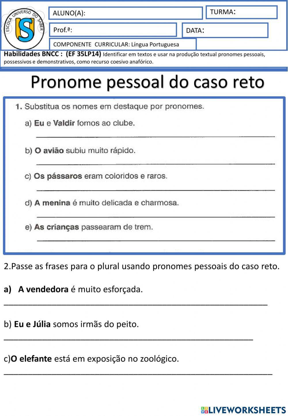 Atividades Com Pronome Pessoal - LIBRAIN