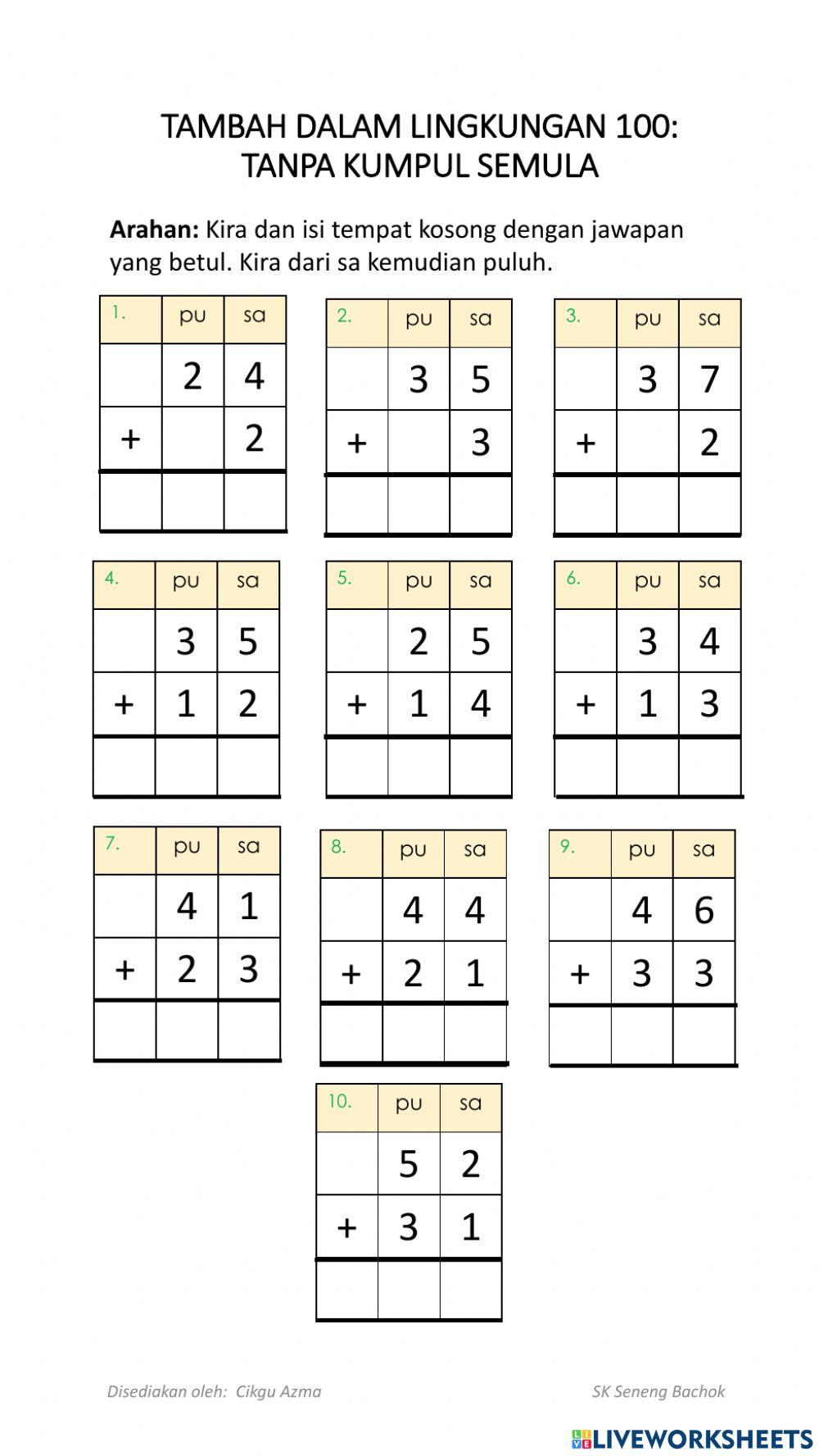 Operasi tambah online exercise for PEMULIHAN KHAS | Live Worksheets
