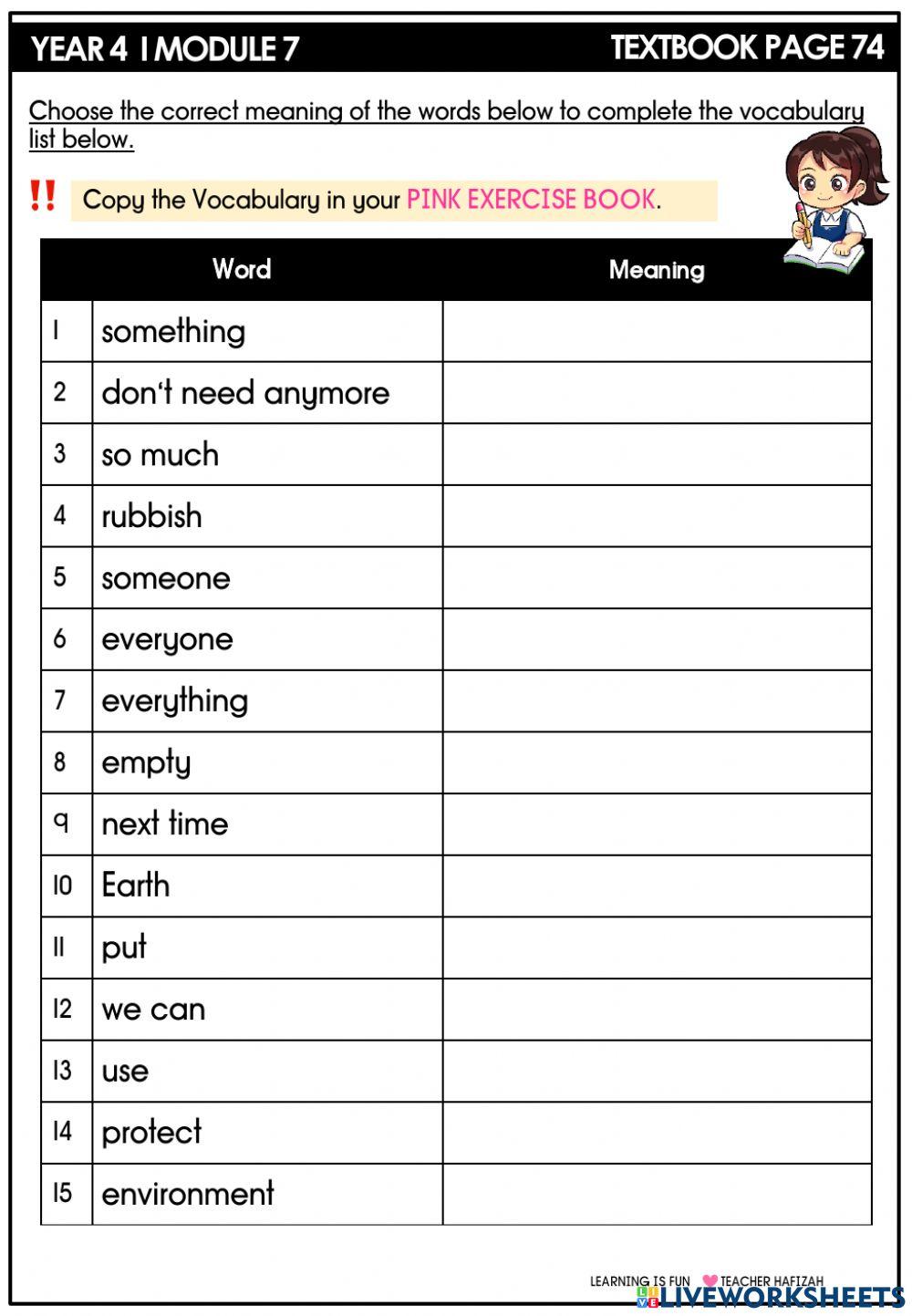 Year 4 module 7- vocabulary - page 74 worksheet | Live Worksheets