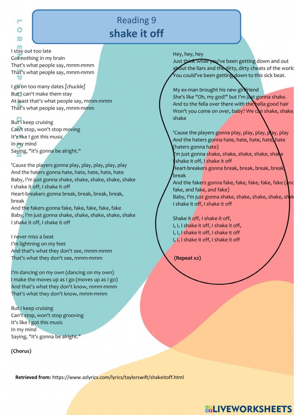 READING COMPREHENSION - SHAKE IT OFF online exercise for | Live Worksheets