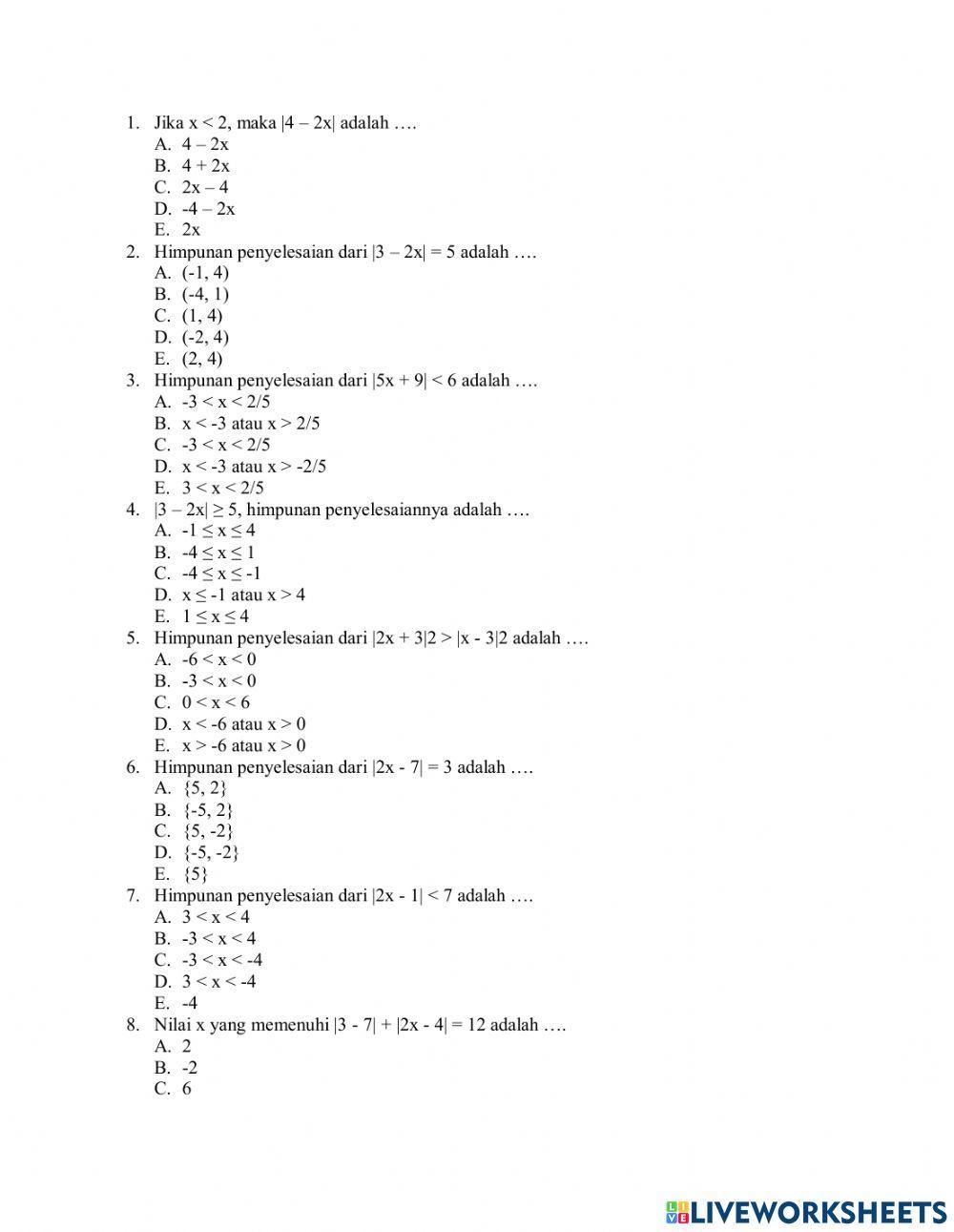 Latihan Soal Nilai Mutlak worksheet | Live Worksheets