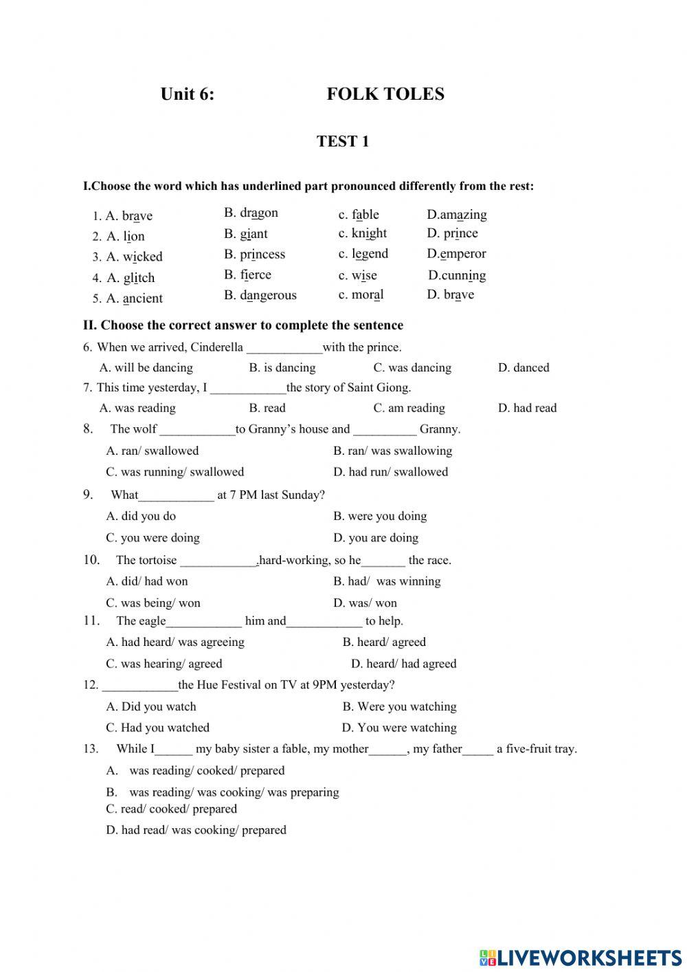 Unit 6 Test 1.1 worksheet | Live Worksheets