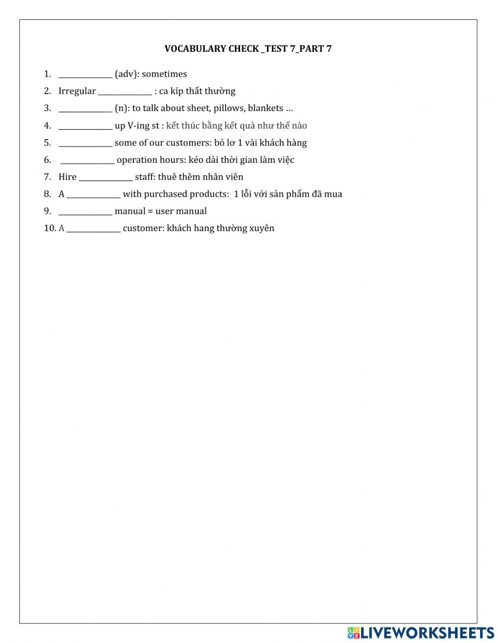 Vocabulary check-Test 7-Part 7 worksheet | Live Worksheets