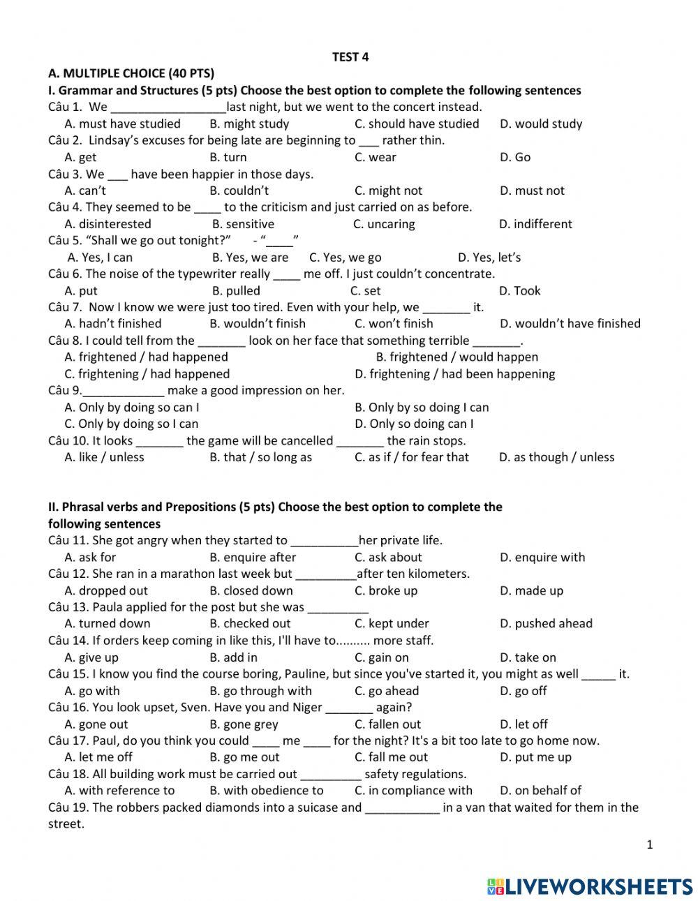 Test 4 English as a Second Language (ESL) activity | Live Worksheets