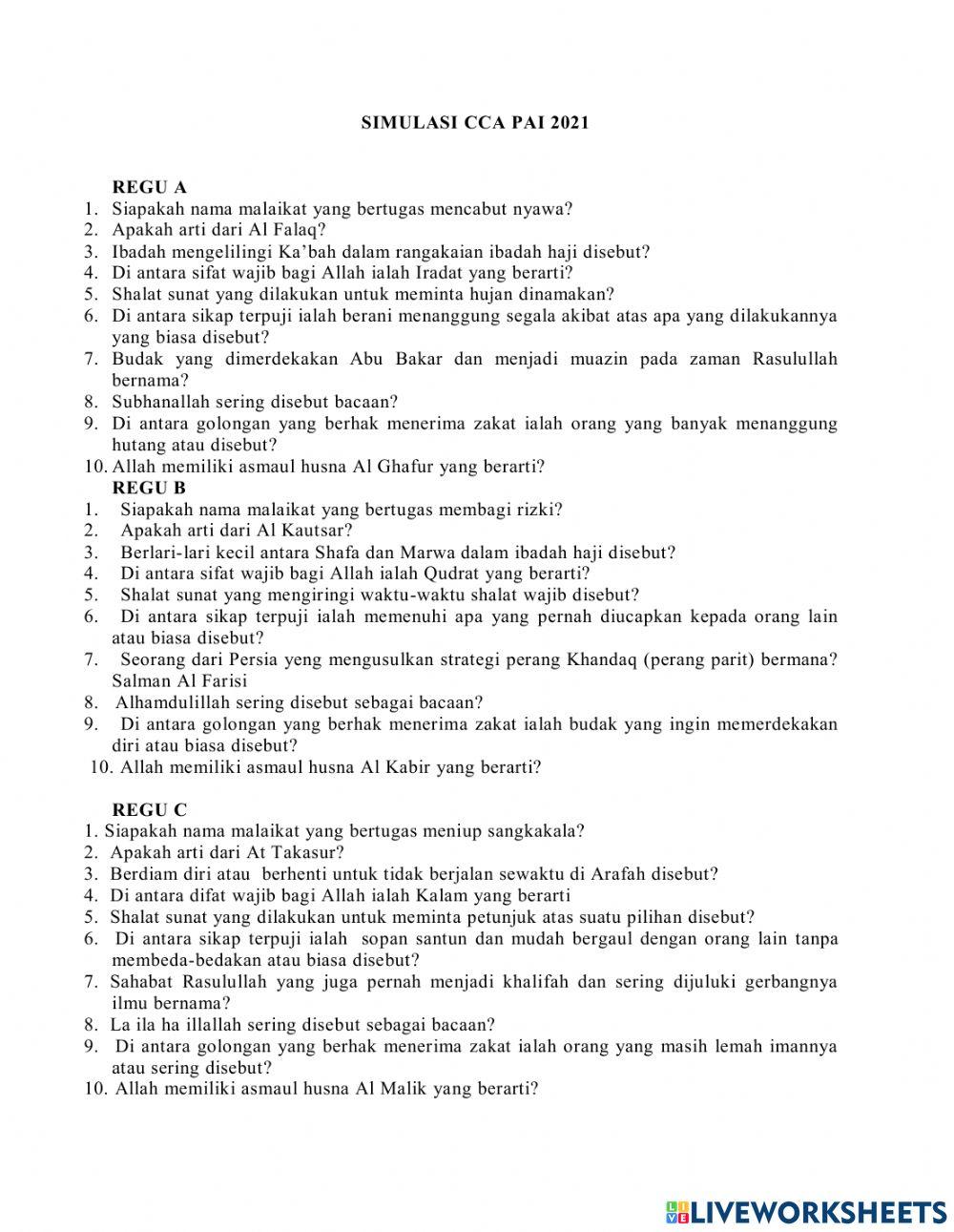 Simulasi cca pai worksheet | Live Worksheets