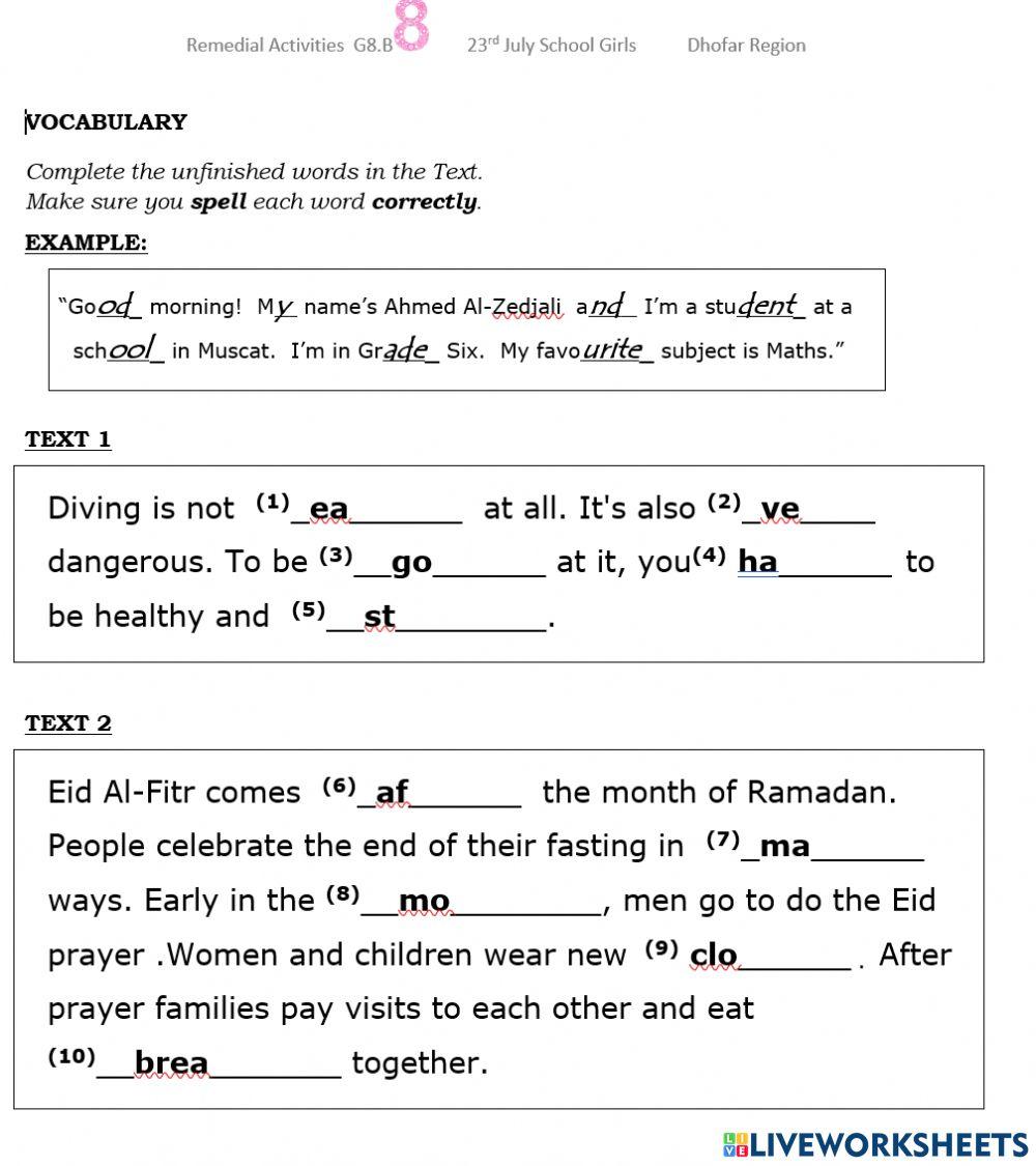 Read and complete interactive exercise for G 8A | Live Worksheets