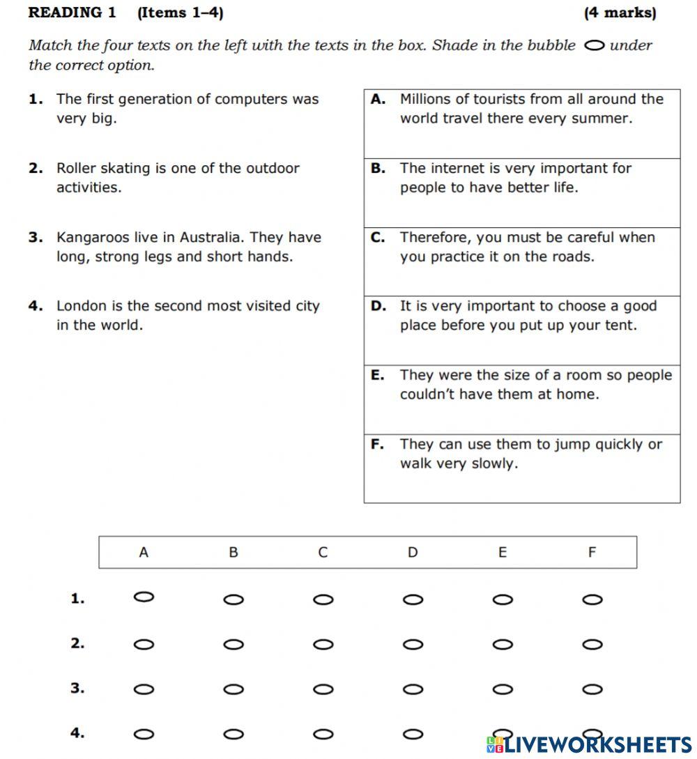 Read and match online exercise for G 8A | Live Worksheets
