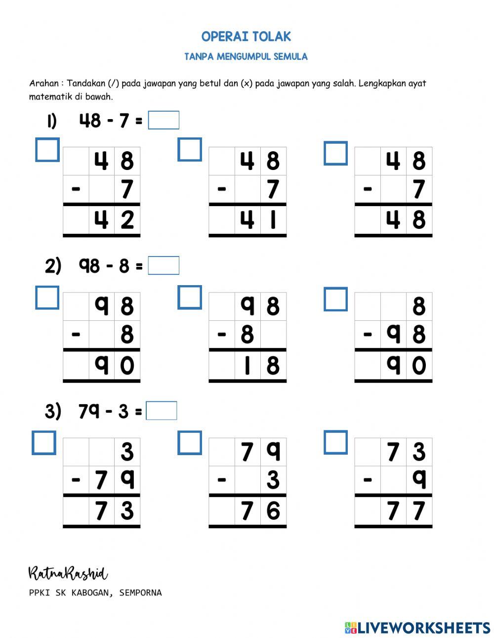 Operasi tolak 1375018 | Ratna Rashid | Live Worksheets