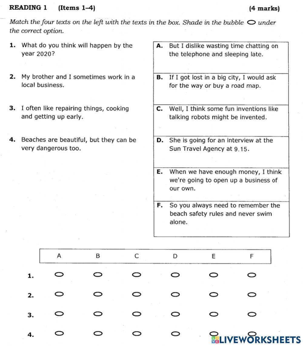 Read and match online exercise for G 8A | Live Worksheets