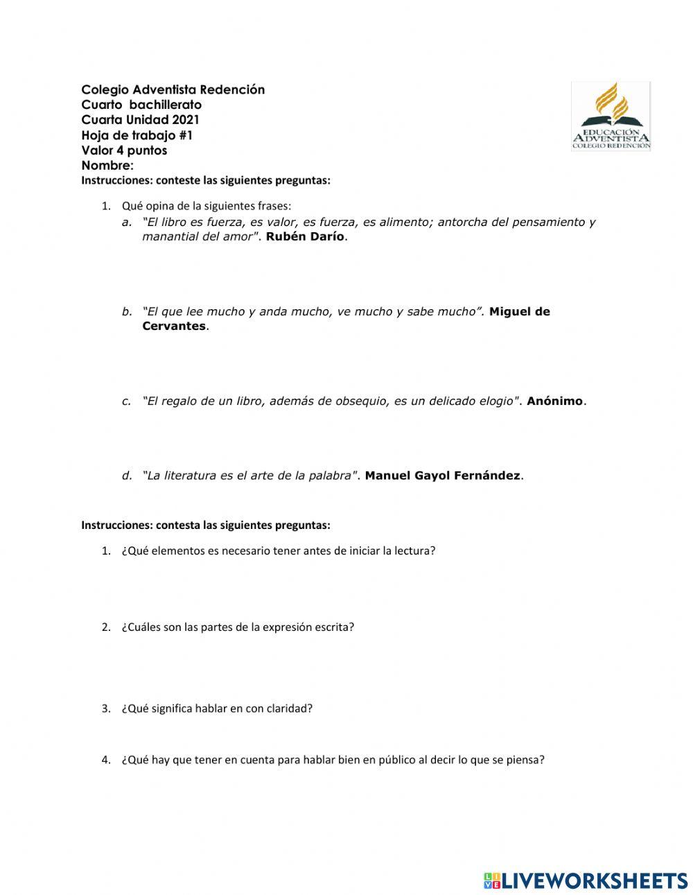 Hojas De Trabajo De Cuarta Lectura 137684 | Lectura Silenciosa.