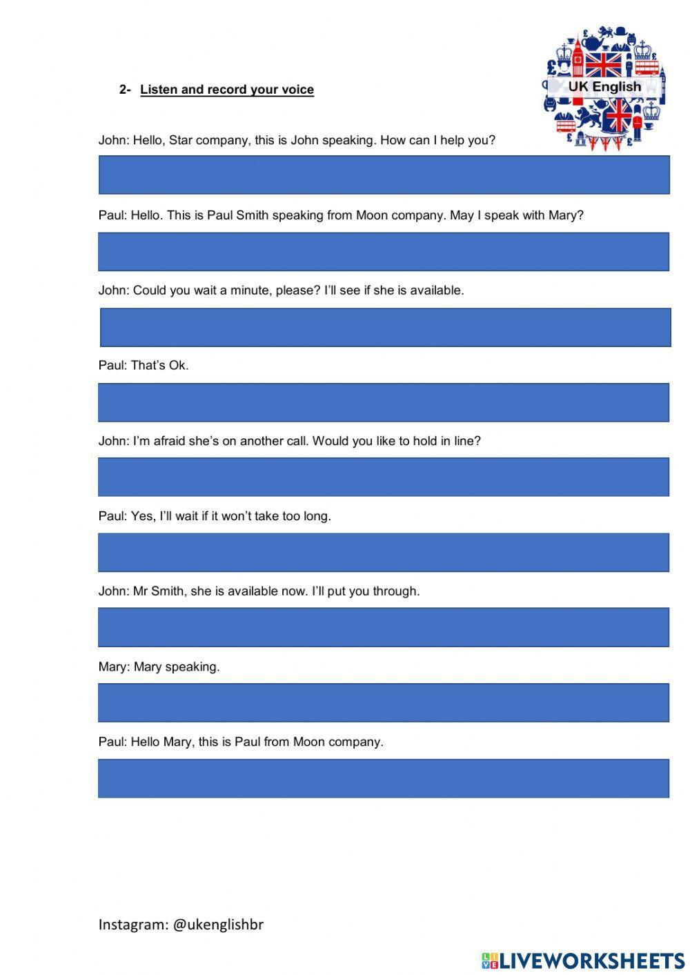 Telephone conversation online activity | Live Worksheets