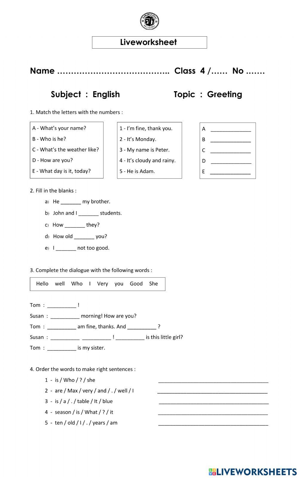 Liveworksheet Greeting 1375490 | Pimsiri Sukrajata | Live