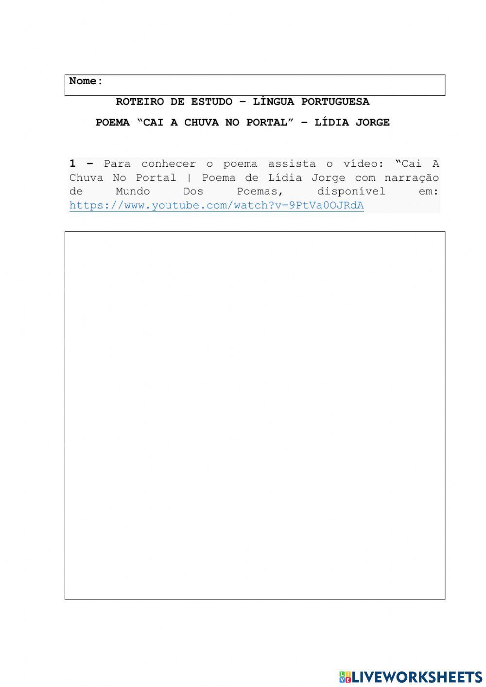Poema chuva no portal worksheet | Live Worksheets