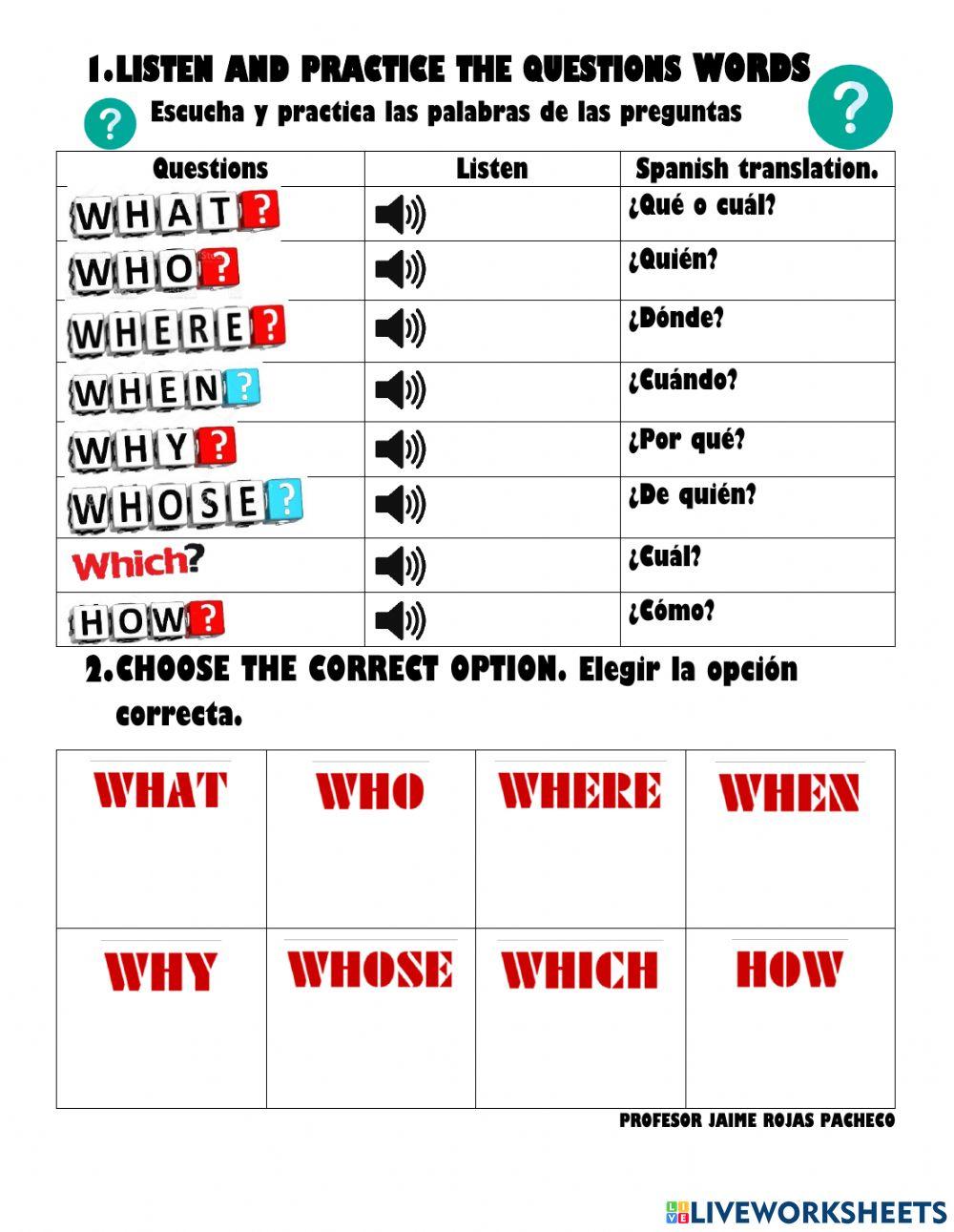 Questions words interactive activity for second | Live Worksheets